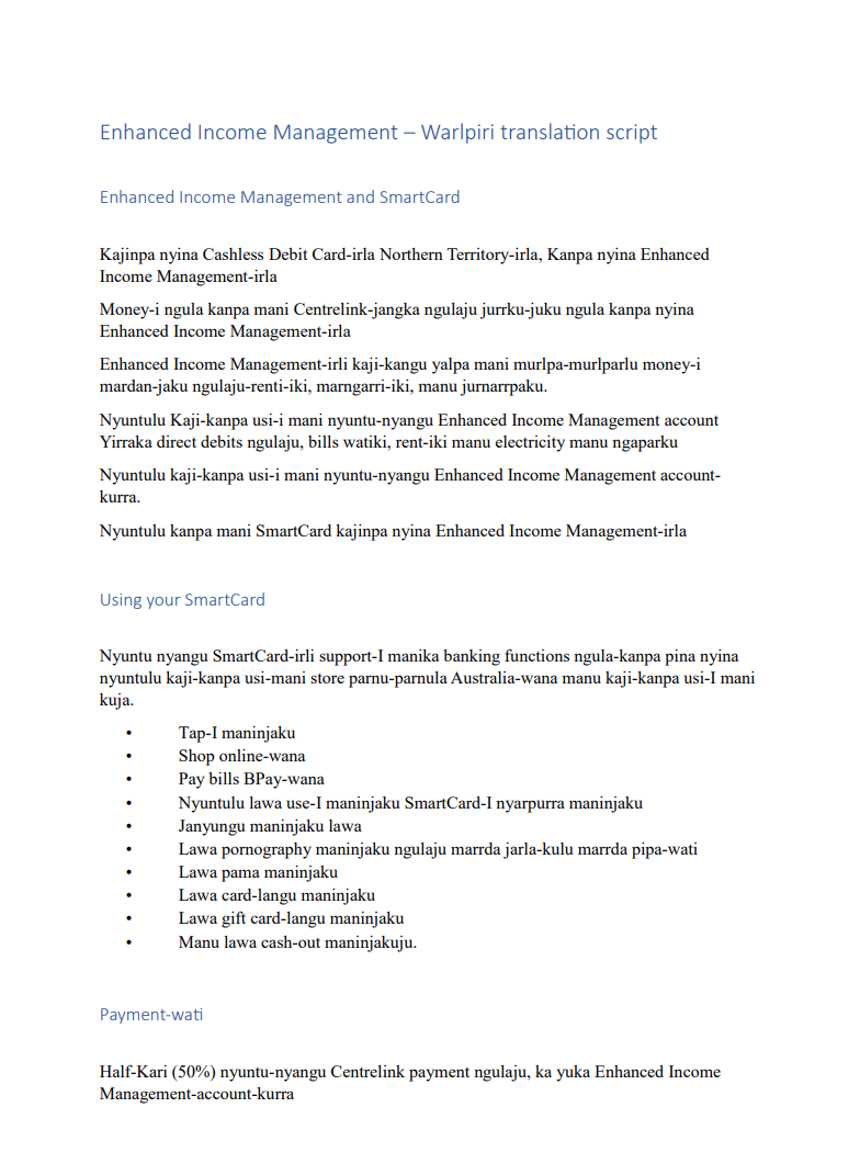 Enhanced Income Management - Warlpiri | Department of Social Services