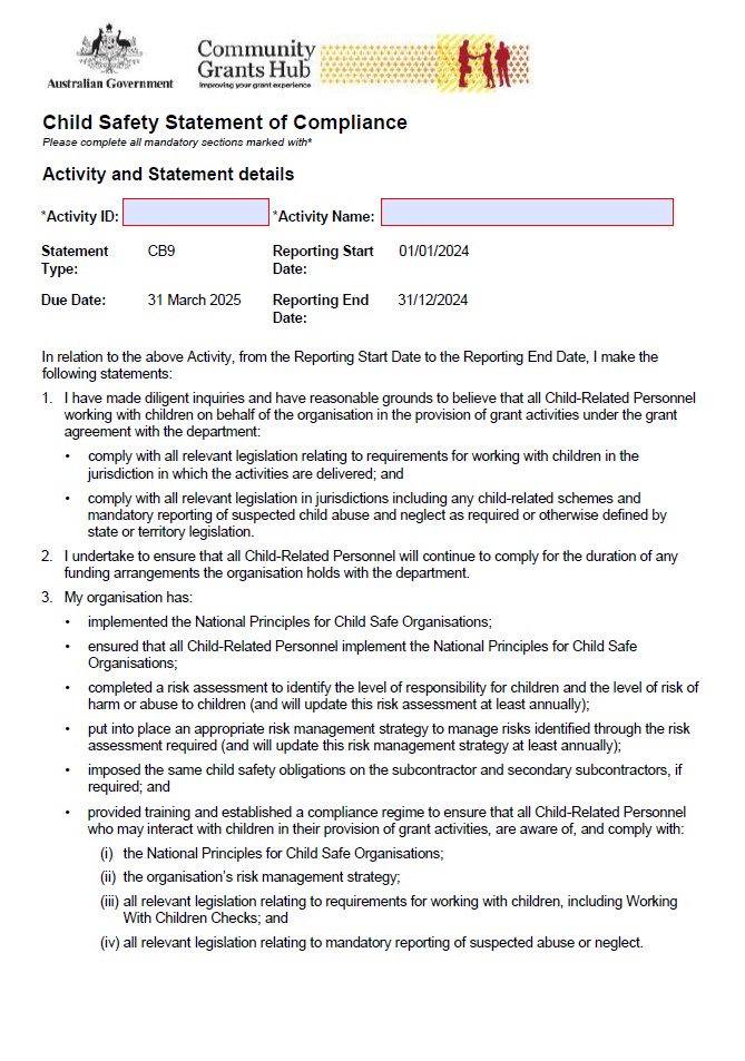 Example of Child Safety Statement of Compliance for CB9 Sample - Sample ...