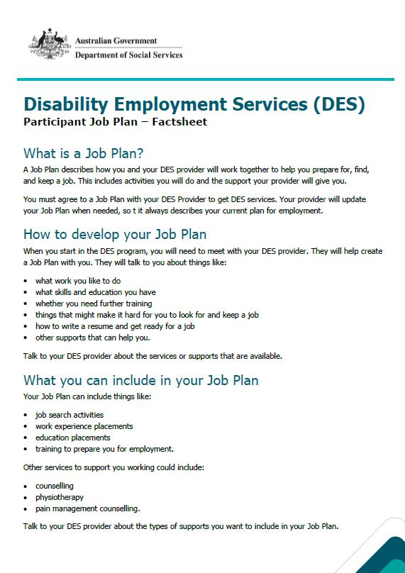 Disability Employment Services (DES) Participant Job Plan factsheet ...