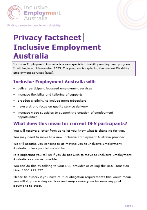 Privacy factsheet – Inclusive Employment Australia | Department of ...