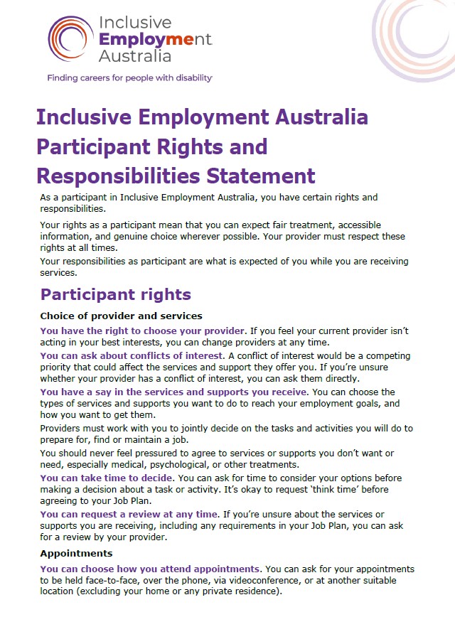Inclusive Employment Australia Participant Rights and Responsibilities ...