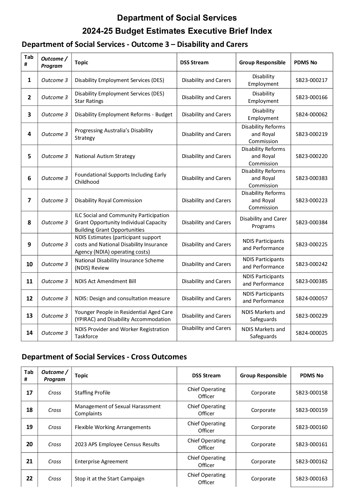 2024-25 Budget Estimates DSS Executive Brief Index | Department of ...
