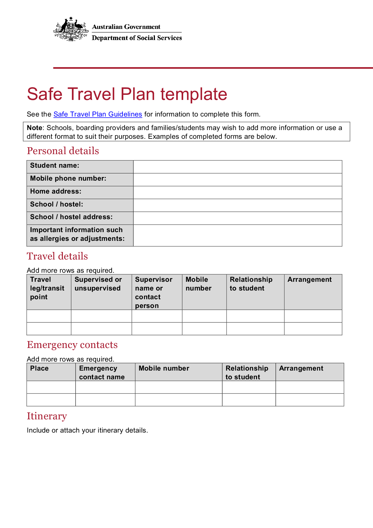 Safe Travel Plan template | Department of Social Services