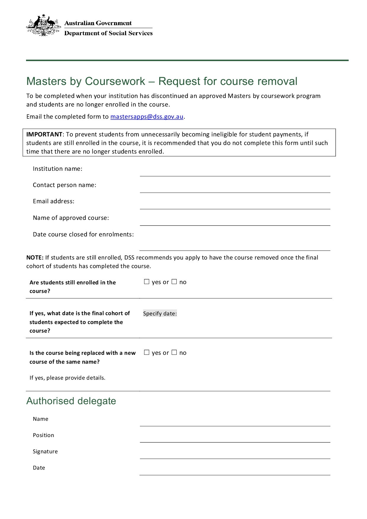 Request for Masters course removal form | Department of Social Services