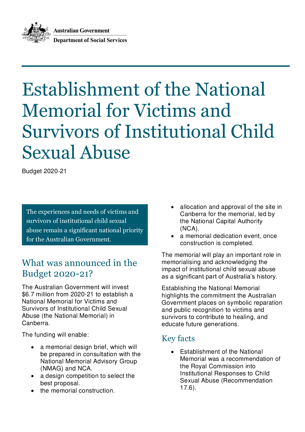 Budget 2020-21: Establishment of the National Memorial for Victims and Survivors of ...