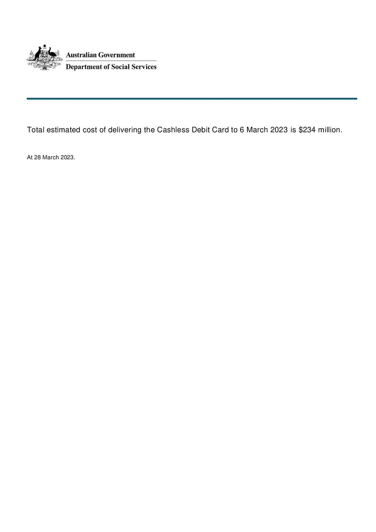 Cashless Debit Card total costs | Department of Social Services