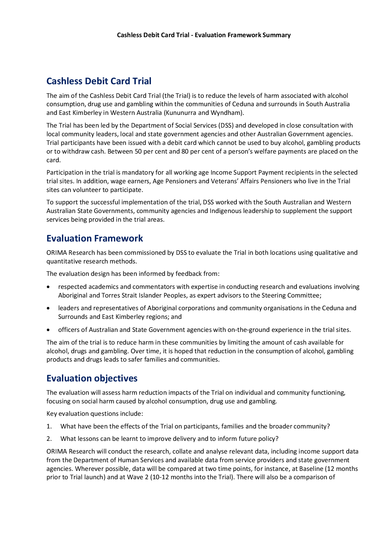 Cashless Debit Card trial – Evaluation framework summary | Department ...