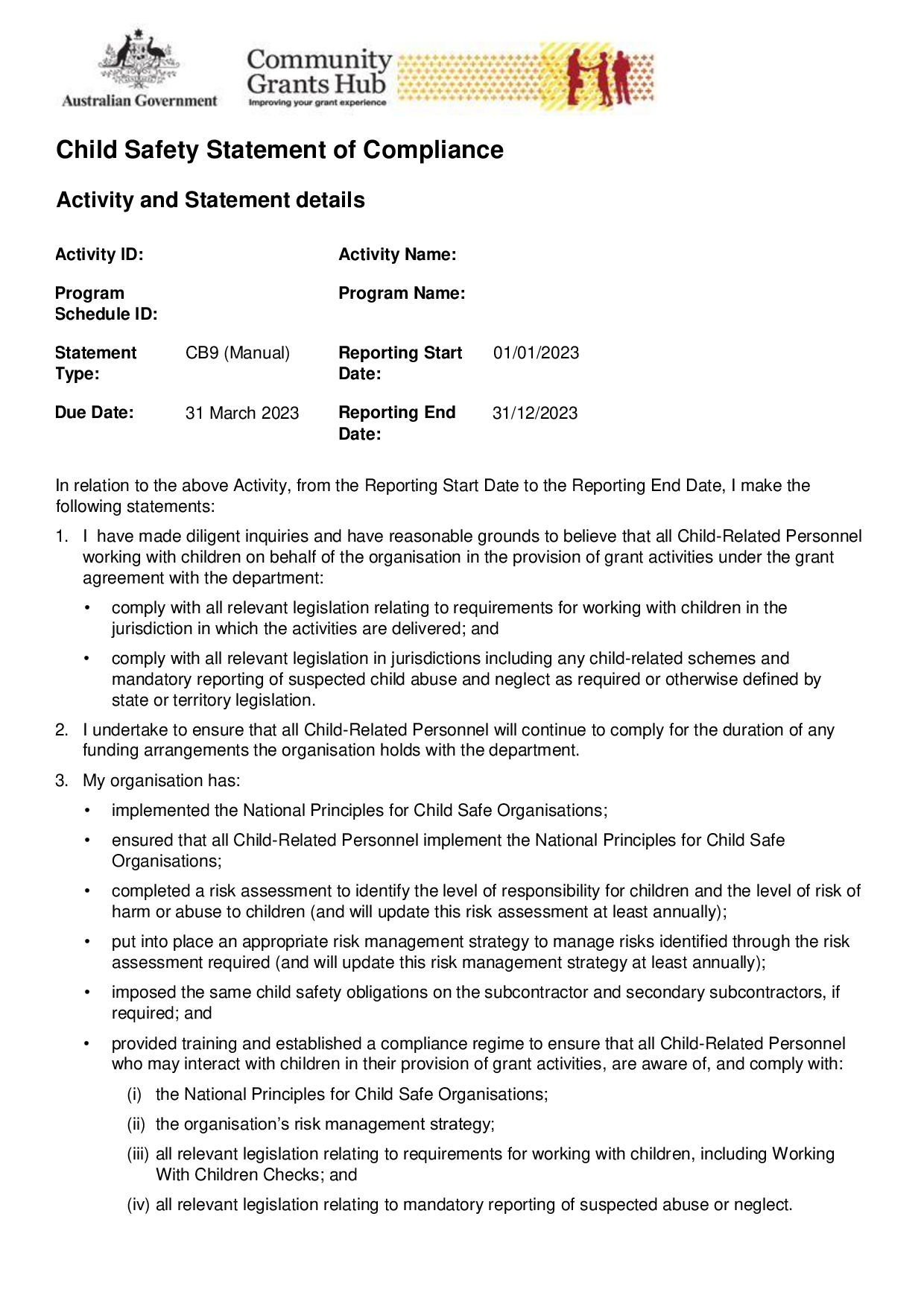 Example of Child Safety Statement of Compliance for CB9 Clauses ...