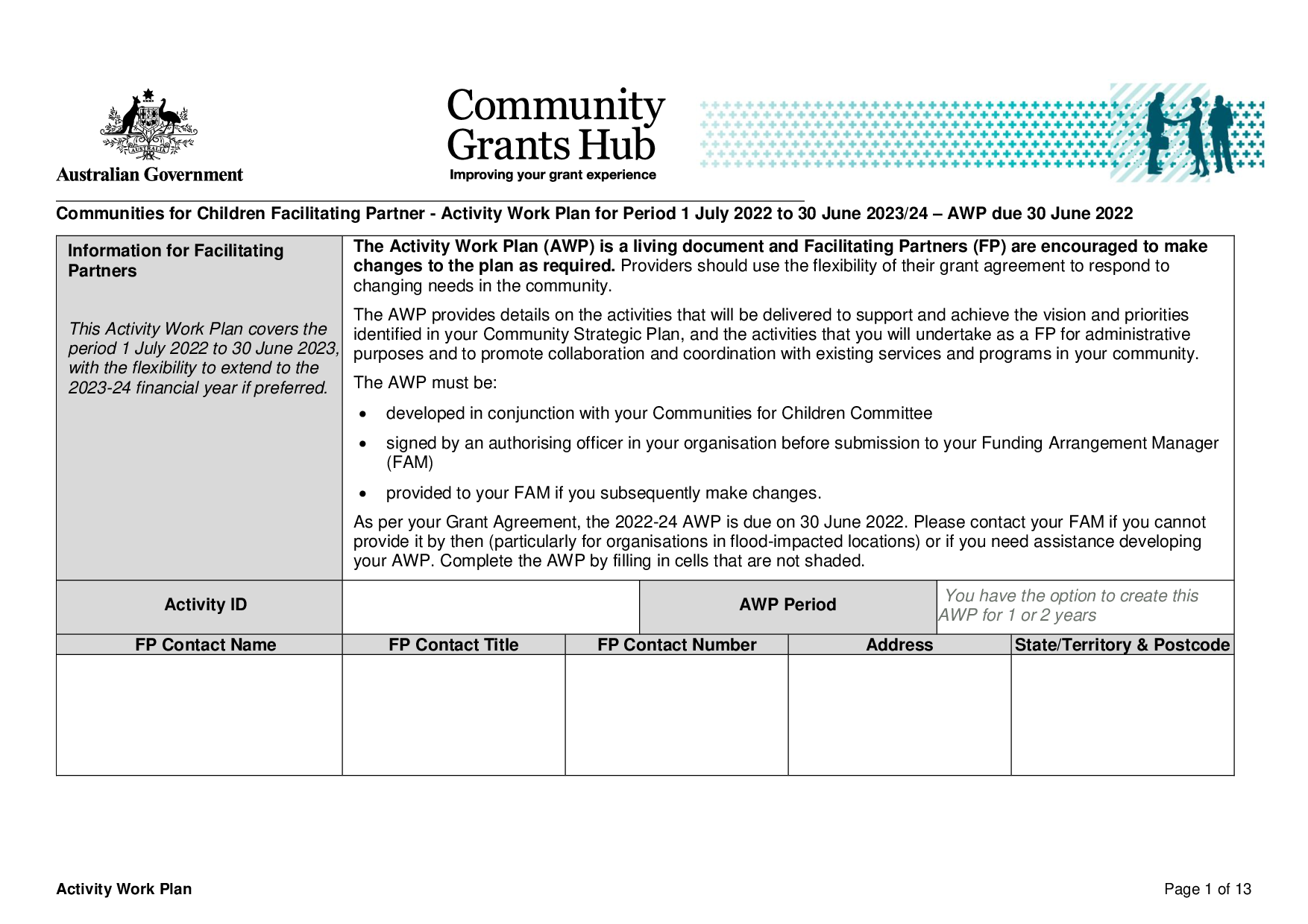 Communities for Children Facilitating Partners (CfC FPs) AWP template ...