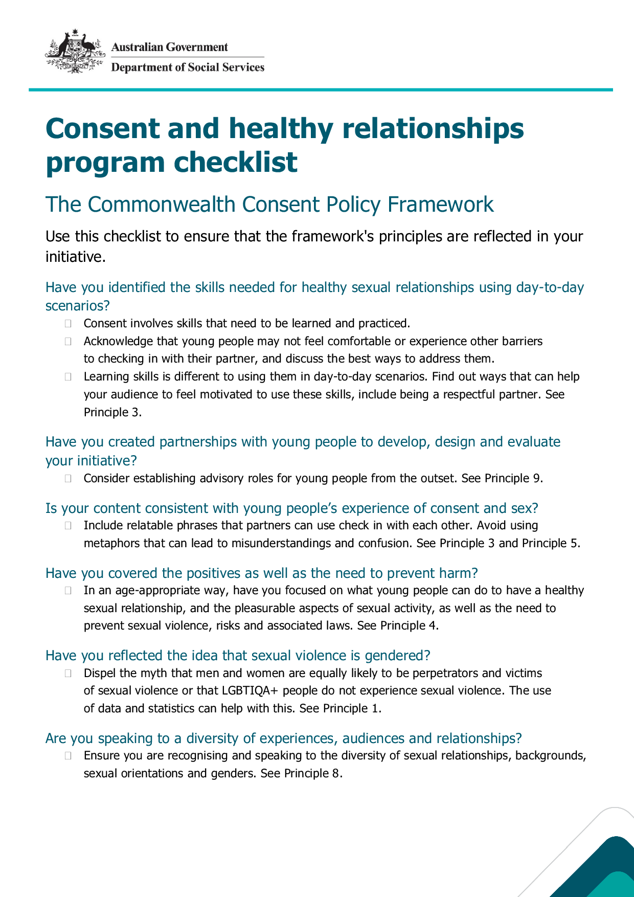 Consent and healthy sexual relationships program checklist | Department ...