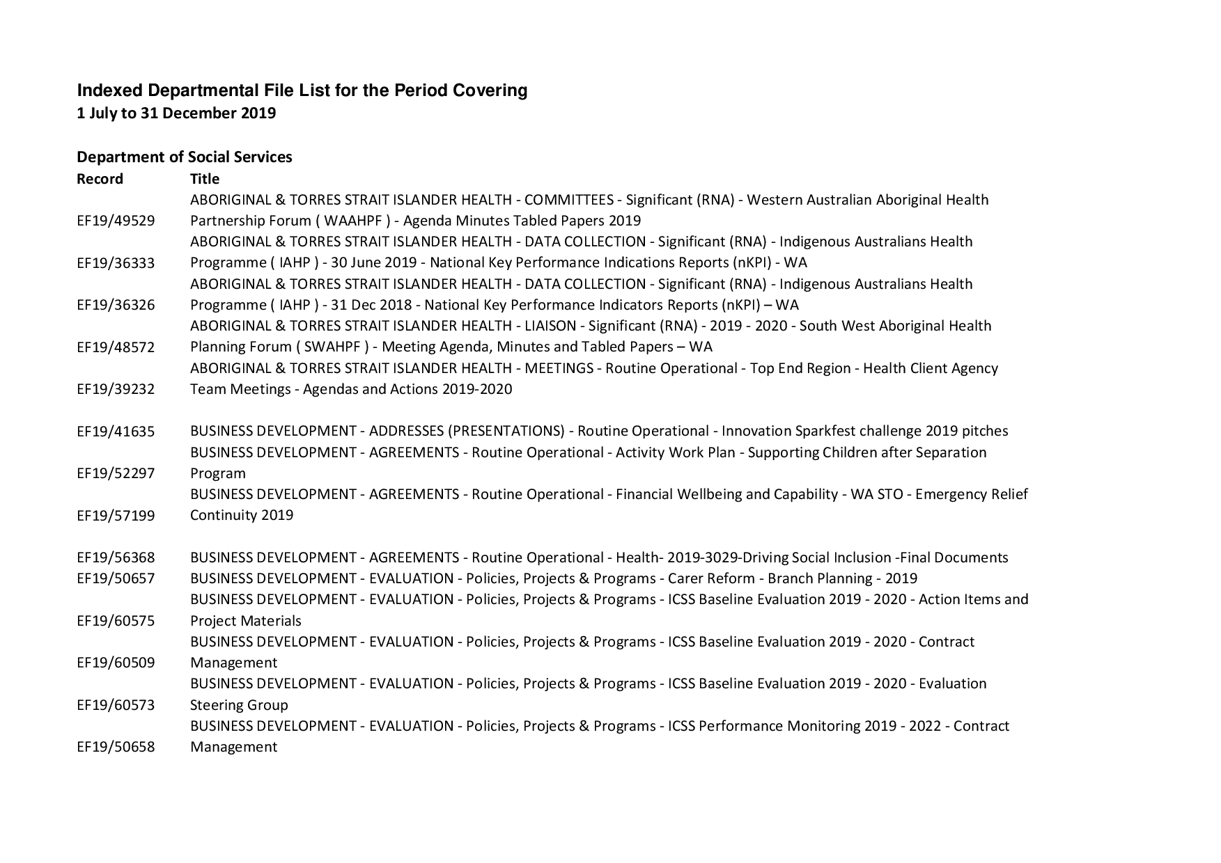 Departmental File List - 1 July to 31 December 2019 | Department of ...