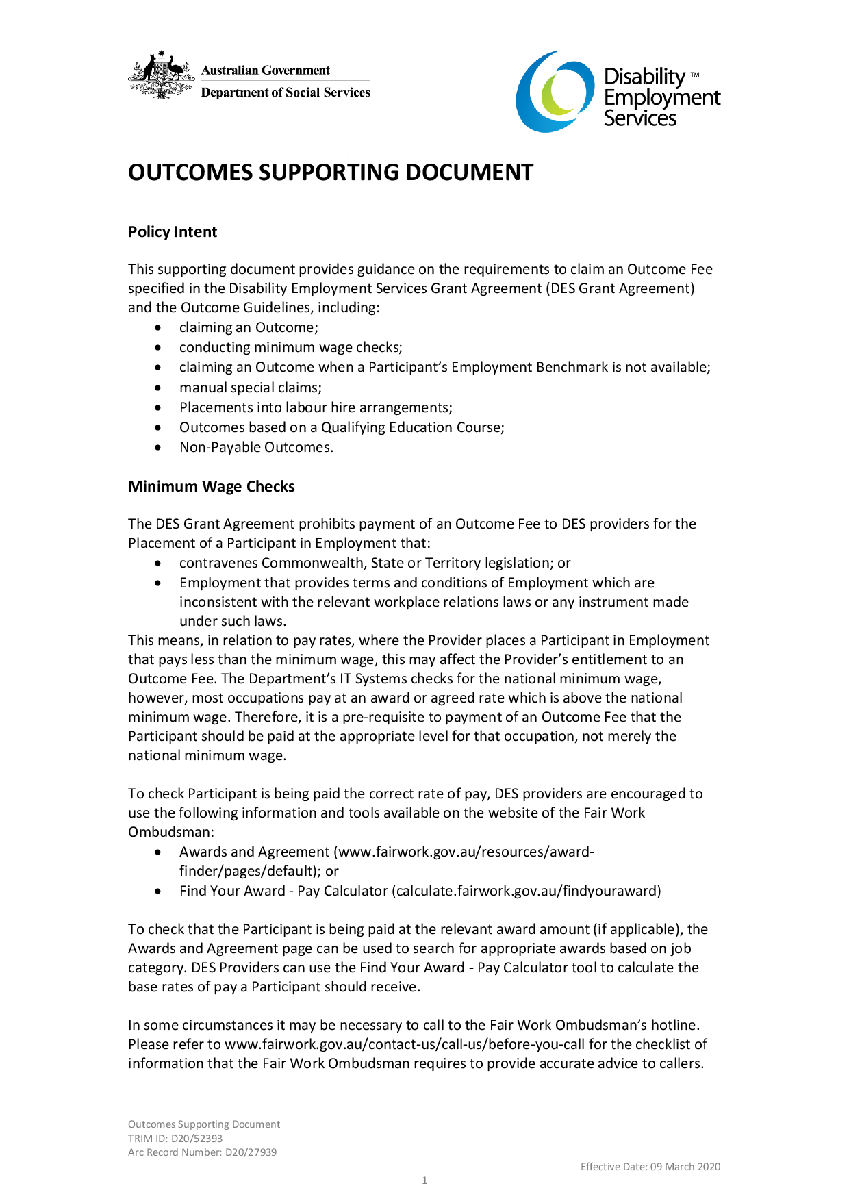 DES Outcomes Supporting Document | Department of Social Services