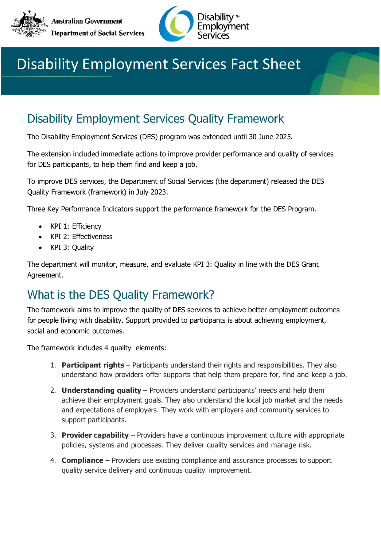 Disability Employment Service Quality Framework Fact sheet | Department ...