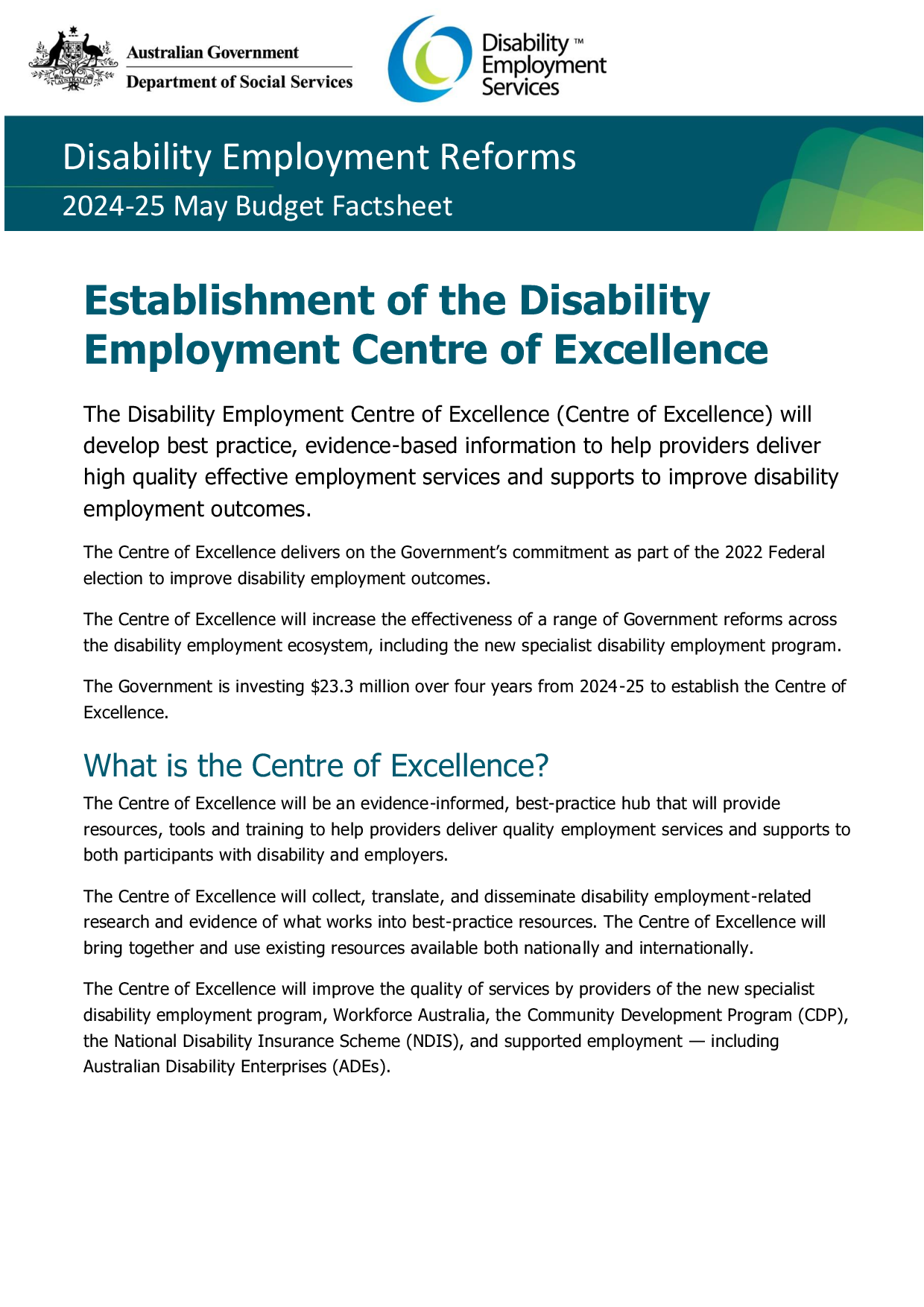 Disability Employment Centre of Excellence - Factsheet | Department of ...