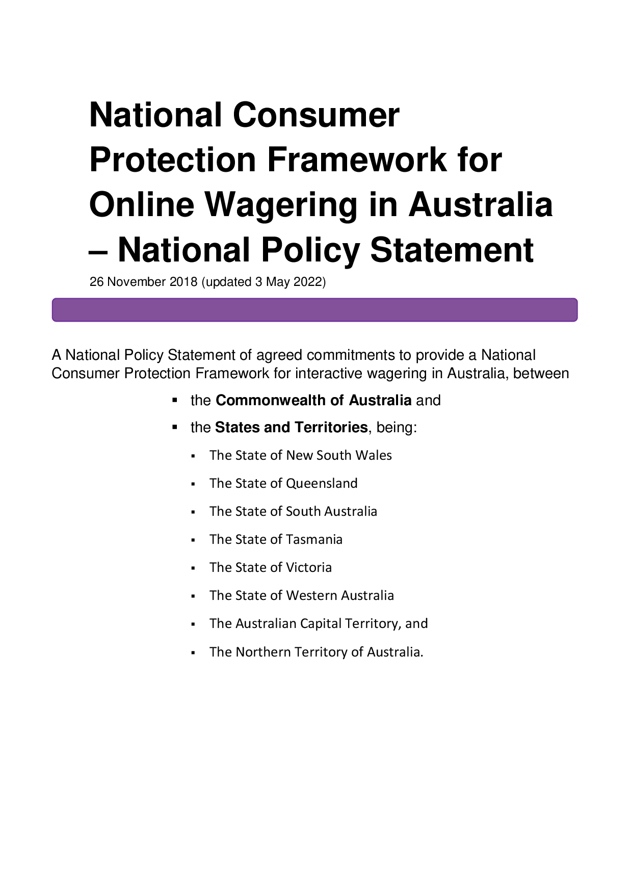 National Consumer Protection Framework for Online Wagering – National ...