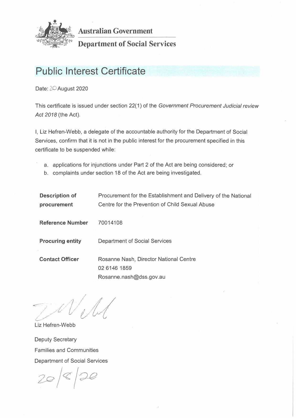 Public Interest Certificate for the National Centre | Department of ...