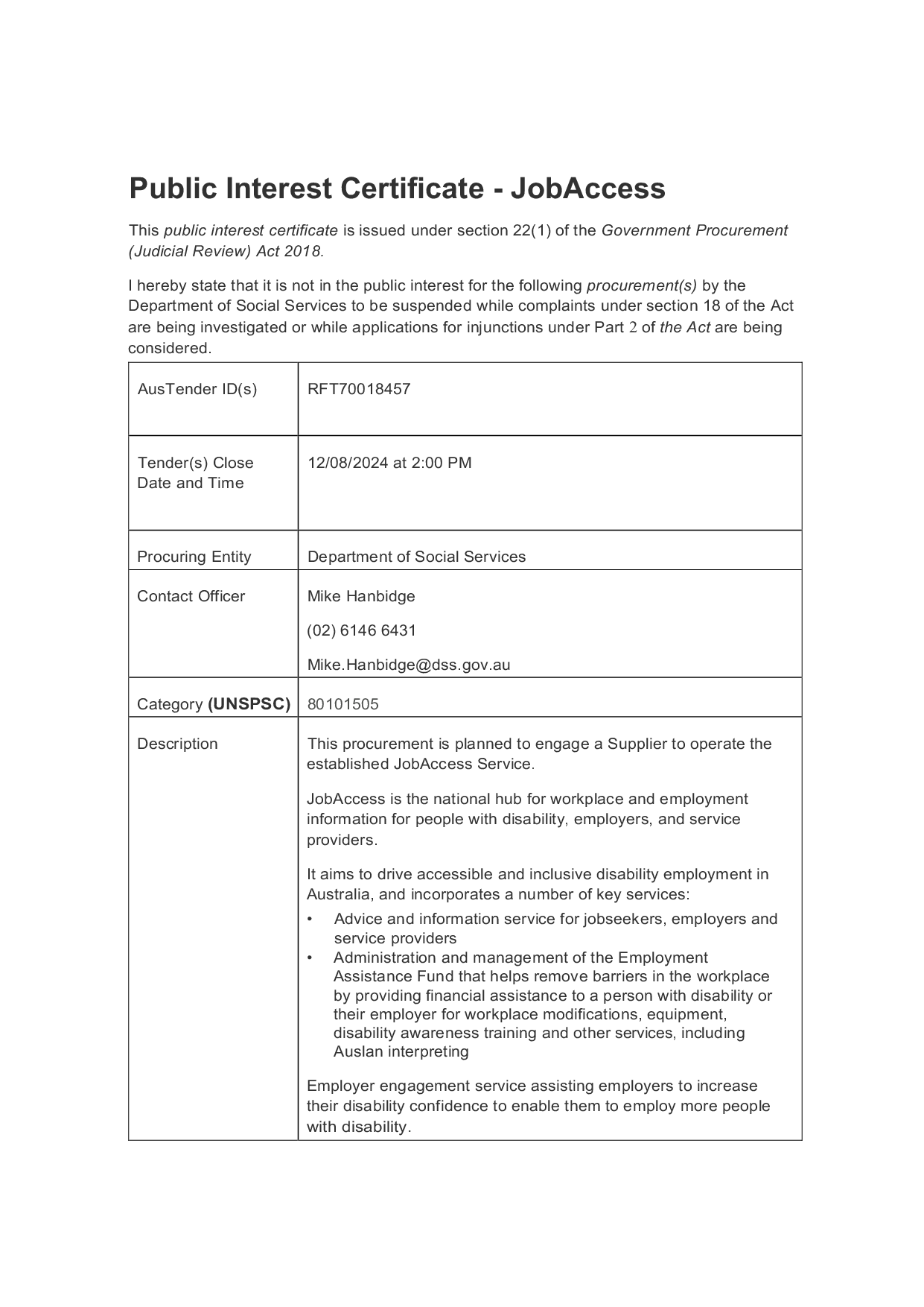 Public Interest Certificate for JobAccess Services | Department of ...