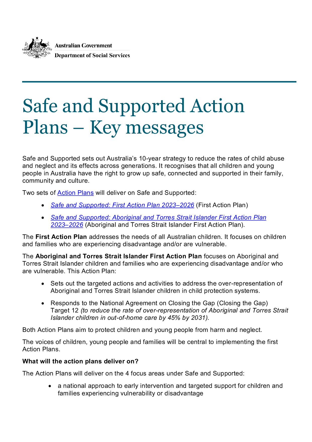Safe and Supported: Action Plans Resources | Department of Social Services