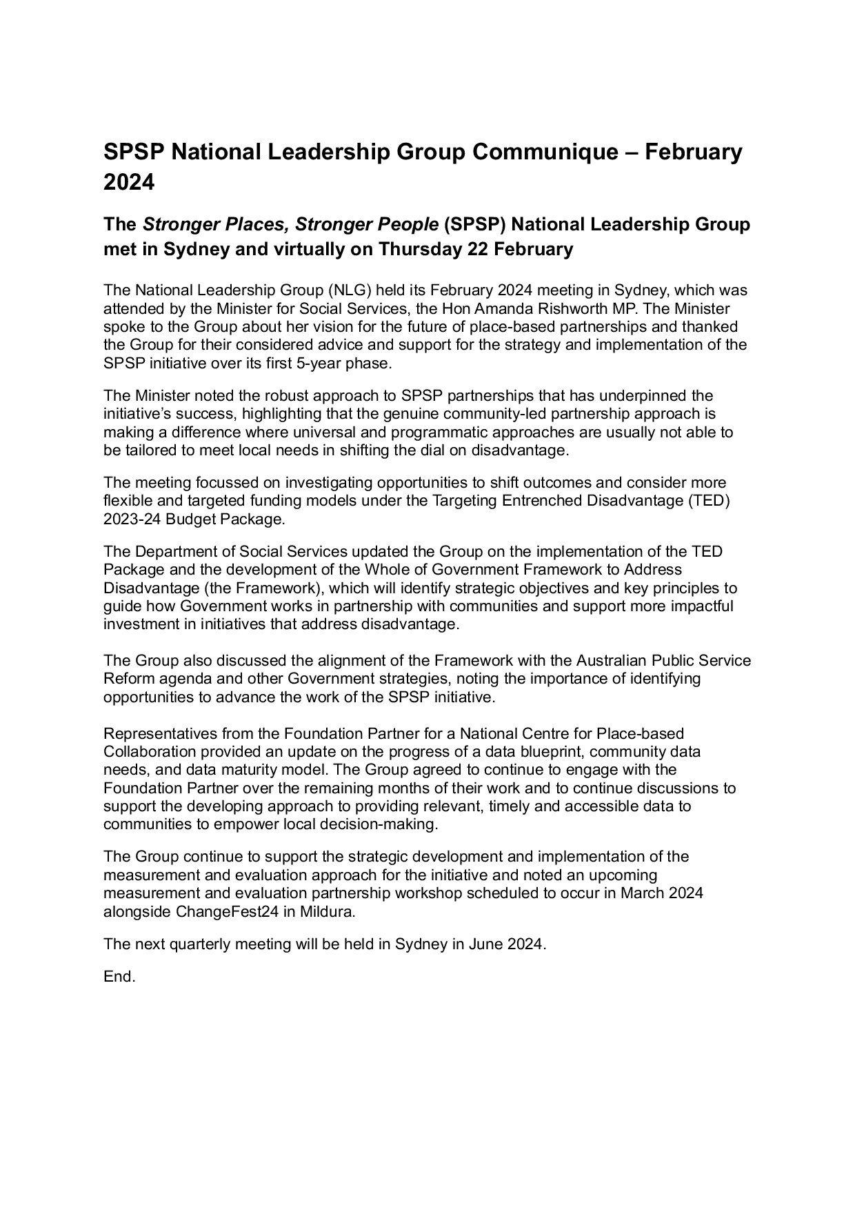 SPSP National Leadership Group Communique – February 2024 | Department ...