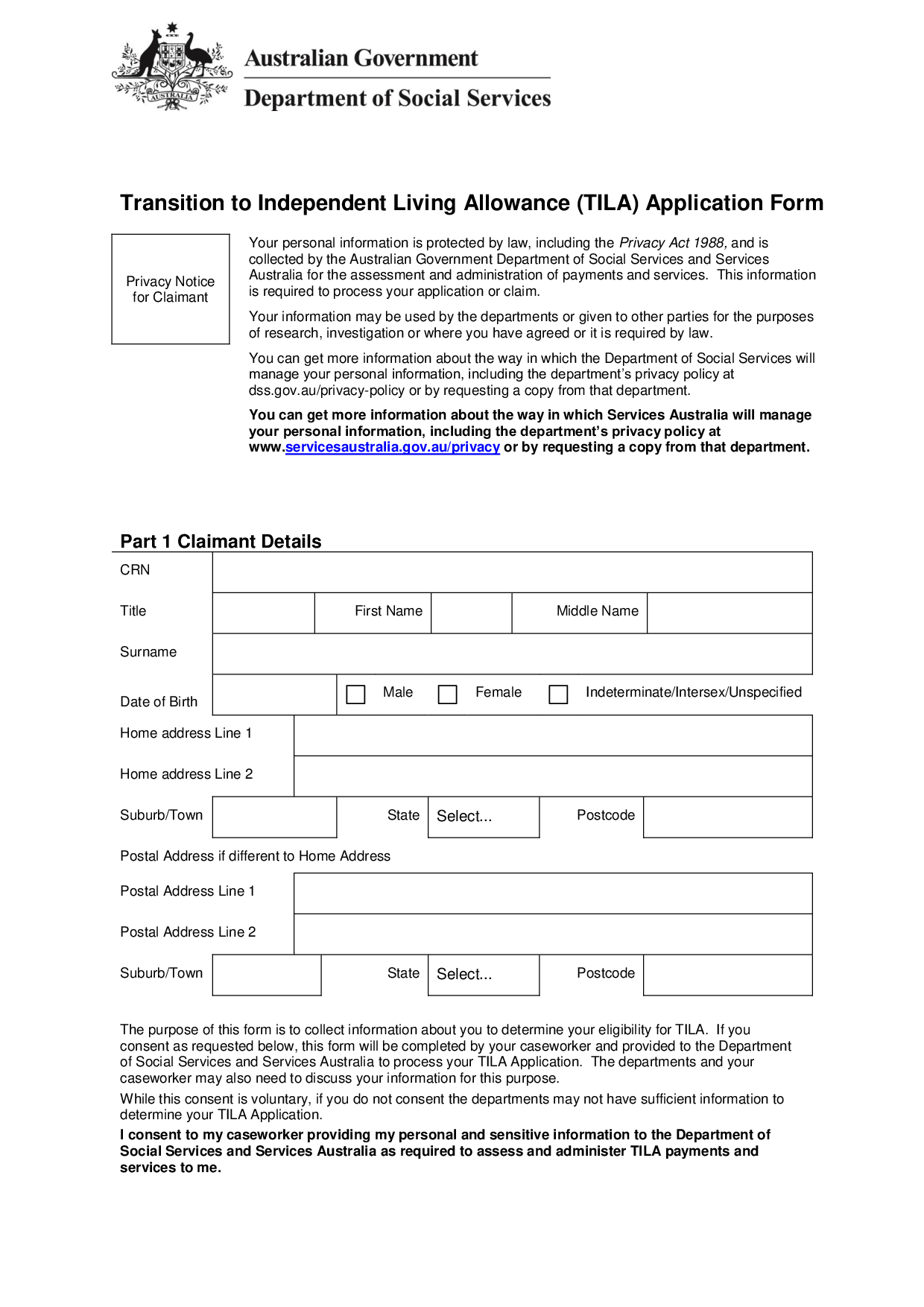 TILA application form | Department of Social Services