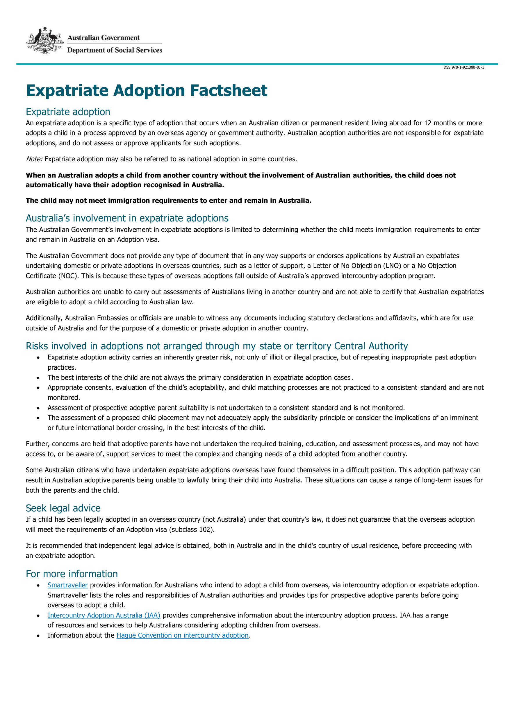 Expatriate adoption factsheet | Department of Social Services