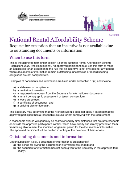 Request for exception – outstanding documents or information ...